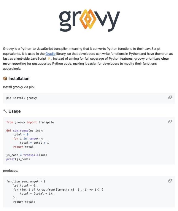 镌刻星辰 的想法: Python秒变JavaScript！开源神器Groovy上线 | 程序员效率革命！用Python写前端代码的时代来了？团队开源Groovy引擎，自动将Python函数转译 ...