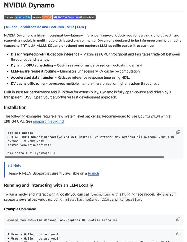 想飞的石头 的想法: Dynamo开源，专为reasoning model而生 | NVIDIA开源的Dynamo是一个高吞吐量、低延迟的推理框架，专为在多节点分布式环境中服务生成式AI和推理 ...