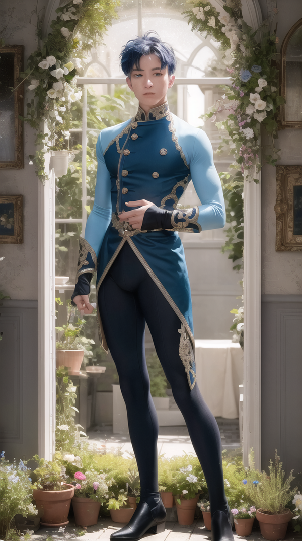 【VegaAI绘画】人工智能艺术画作展示-2023年04月20日（立绘，全身，完整的身体，男性，男人，少年，头发渐变蓝，宝石般蓝绿渐变色眼睛，冷 峻的表情，凌乱的头发，花园，玻璃，泡泡，有很多 ...