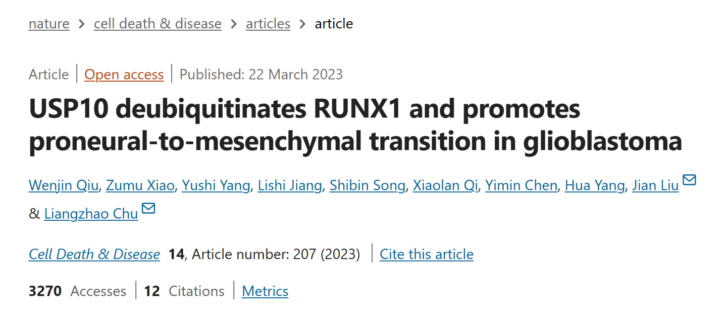 USP10对RUNX1进行去泛素化，促进胶质母细胞瘤的骨架-间质转化 - 知乎