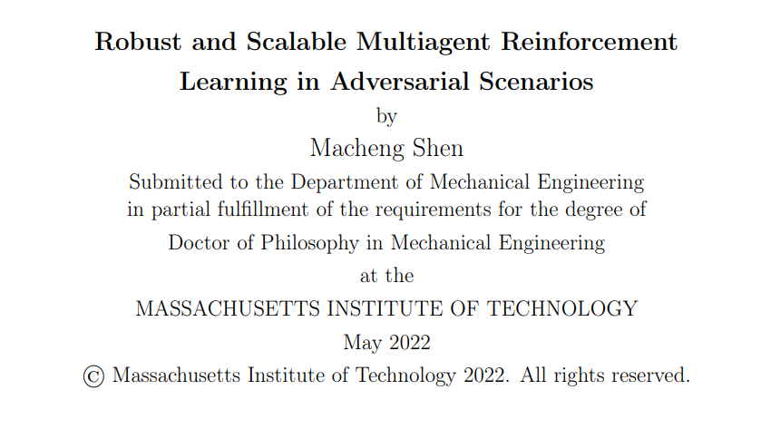 【mit博士论文】对抗场景中鲁棒且可扩展的多智能体强化学习,123页pdf 知乎
