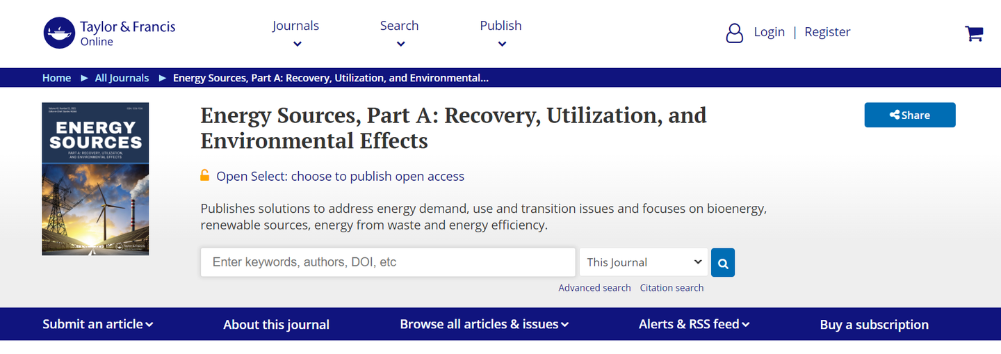 刊·见 | 能源领域SCI期刊Energy Sources Part A: Recovery, Utilization, and ...