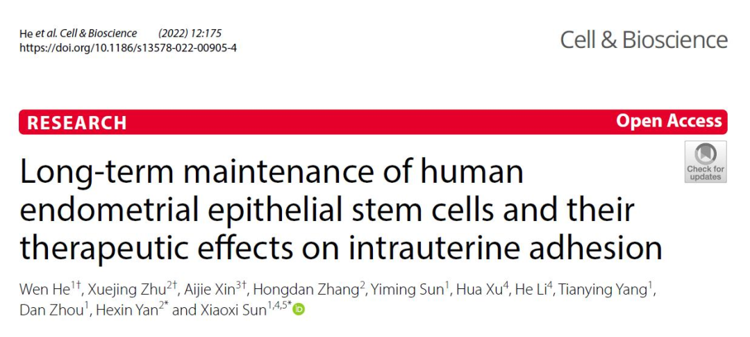 Cell Biosci︱孙晓溪团队/赛立维生物合作建立人子宫内膜上皮干细胞体外培养系统及探索其对IUA的治疗潜能 - 知乎