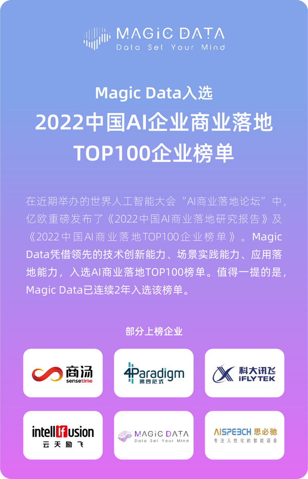 行业报告 | Magic Data入选2022年中国AI商业落地TOP100企业榜单 - 知乎