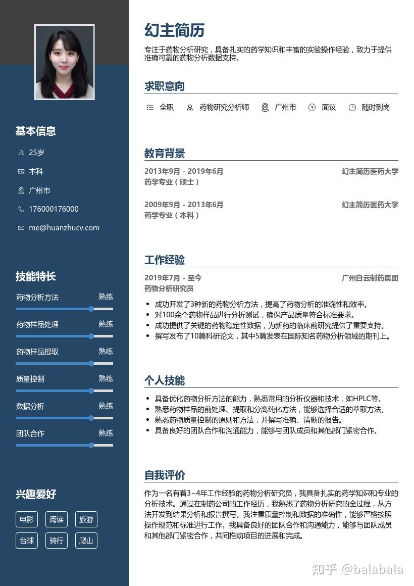 药物研究分析师个人求职电子简历模板范文 知乎