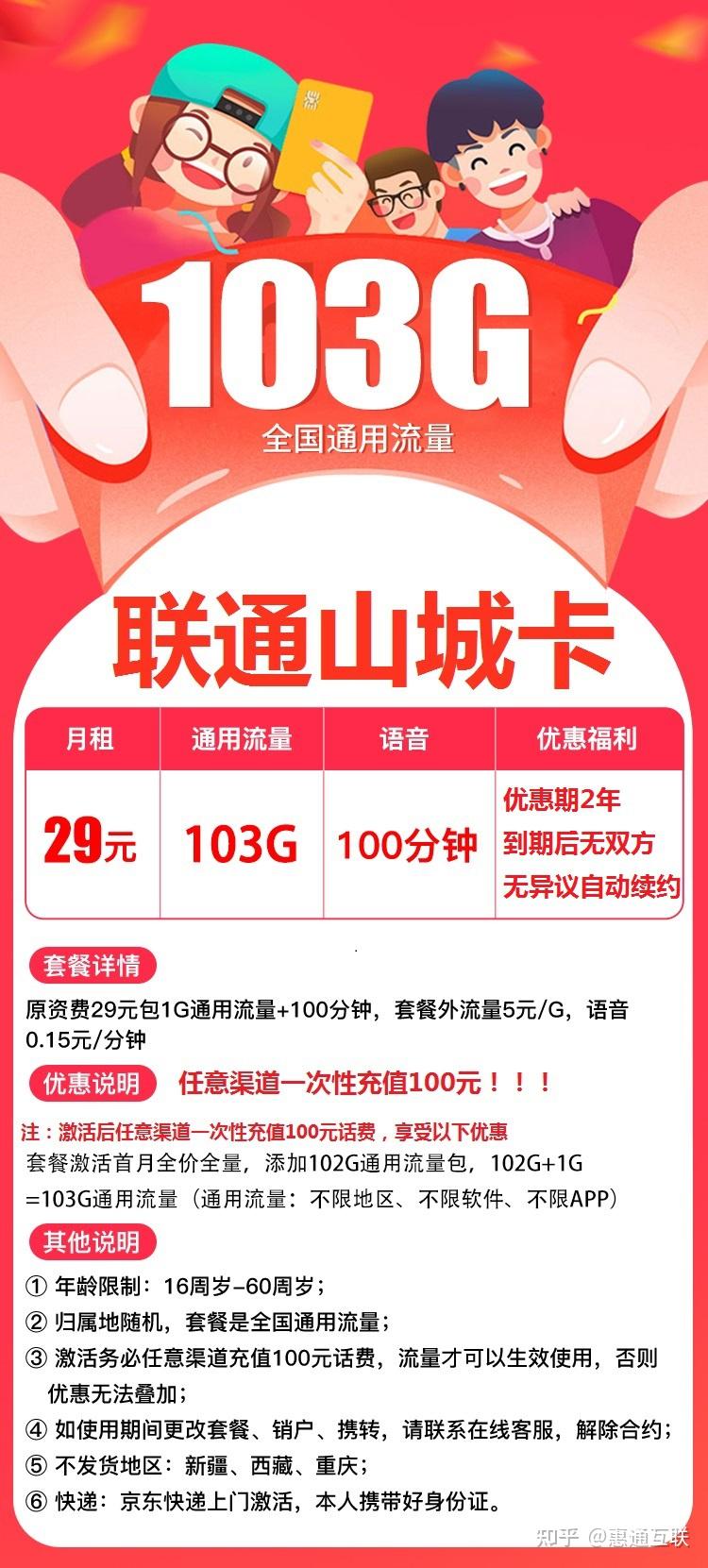 103G通用流量+100分钟通话联通山城卡申请攻略 - 知乎