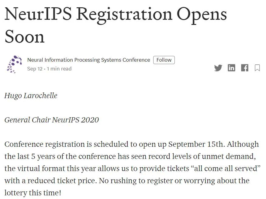 NeurIPS 2020注册即将开启：25美元进场，Keynote全免费，今年不用抢票了 - 知乎