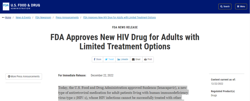 又一HIV新药获批！FDA批准治疗HIV-1的第一款衣壳抑制剂 - 知乎