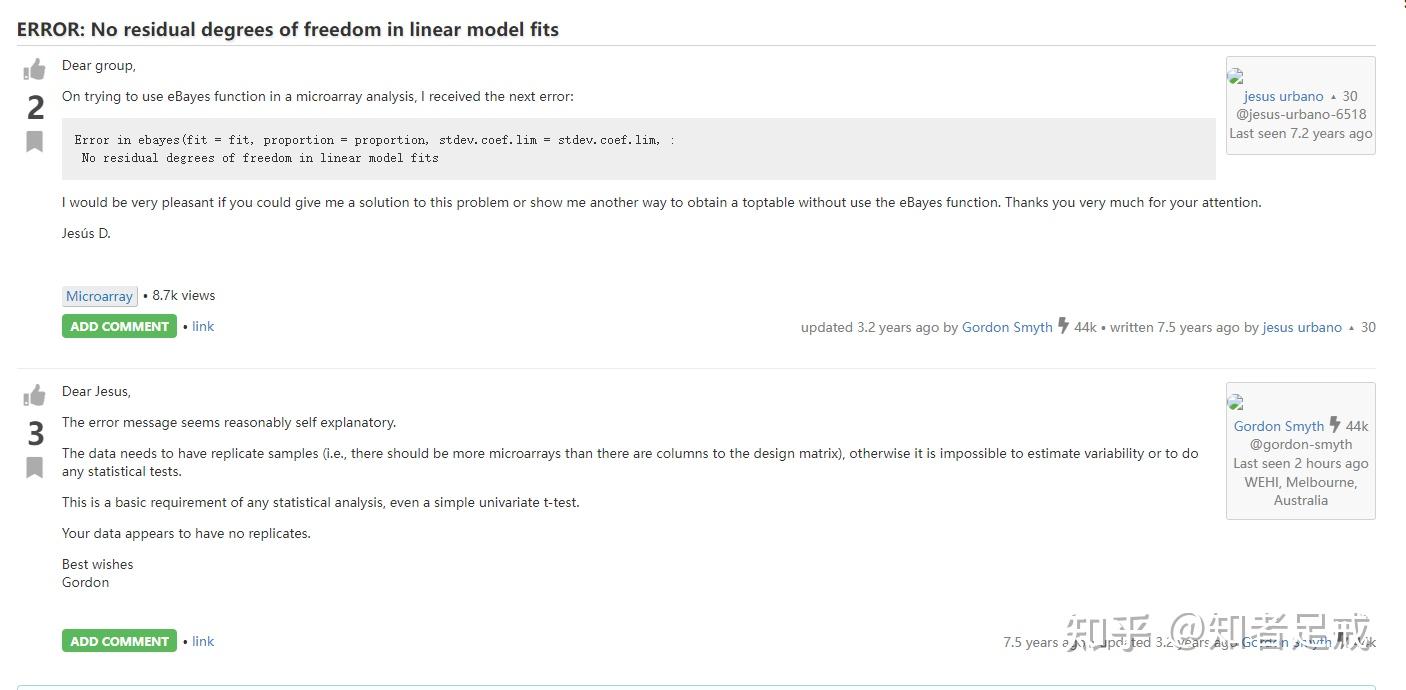 limma包的使用问题：No residual degrees of freedom in linear model fits - 知乎