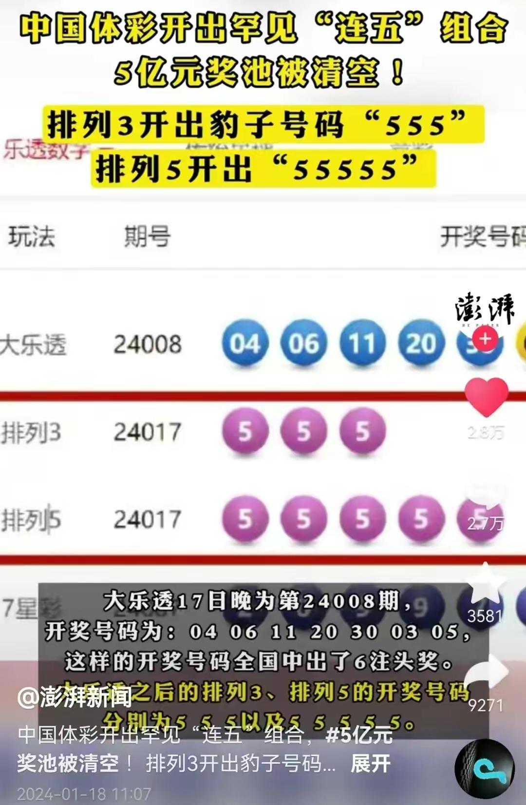 太诡异了，体彩排列5开豹子号55555，一等奖5966注清空5亿奖池 - 知乎