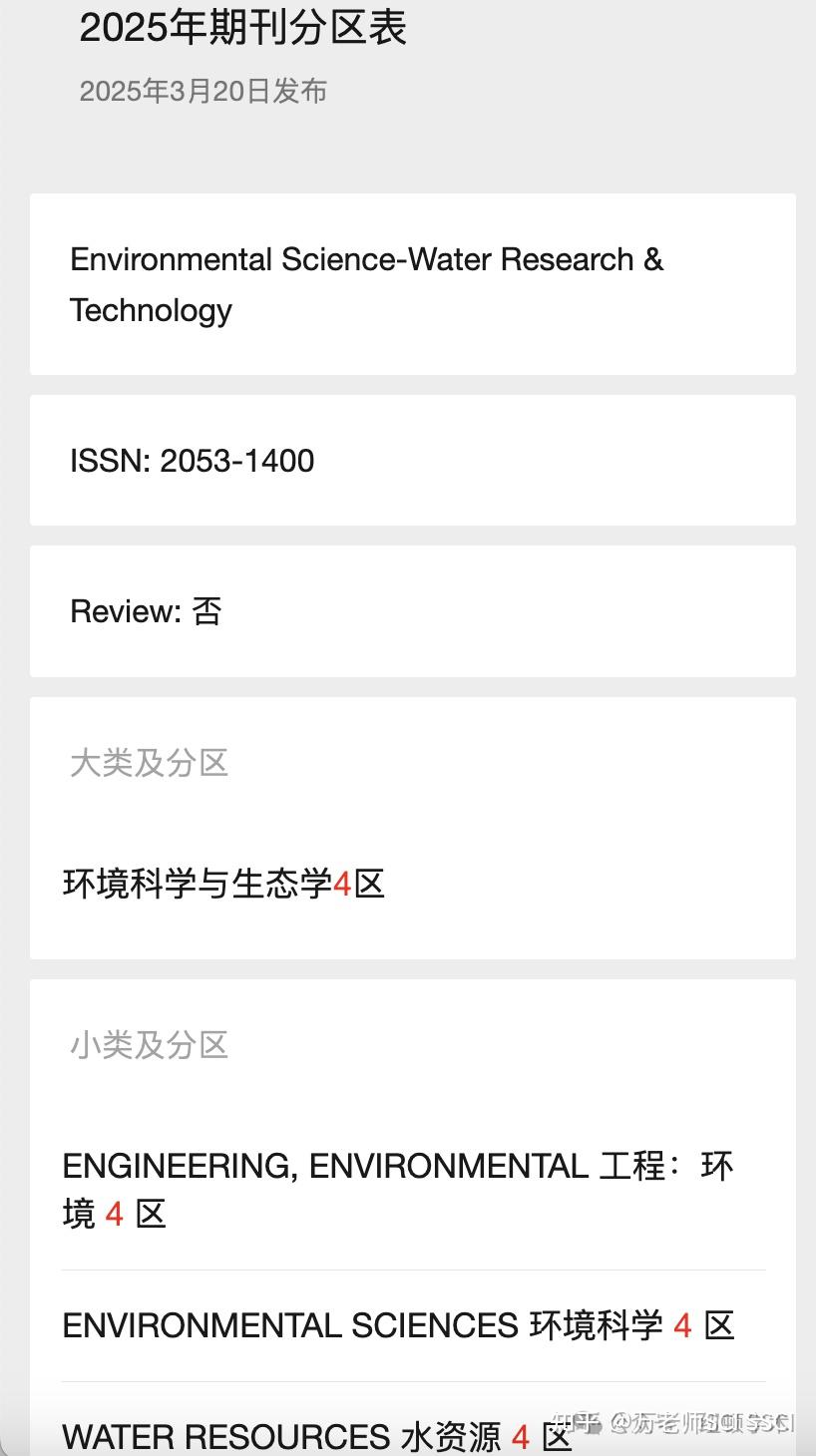 H402《Environmental Science-Water Research & Technology》环境大类，中科院四区，因子3.5 - 知乎
