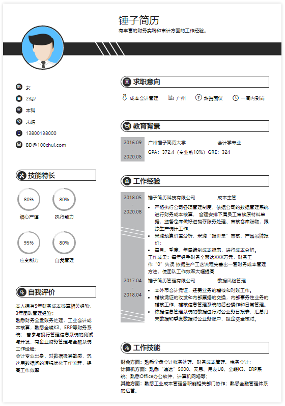 成本会计管理简历在线简历案例 锤子简历 知乎