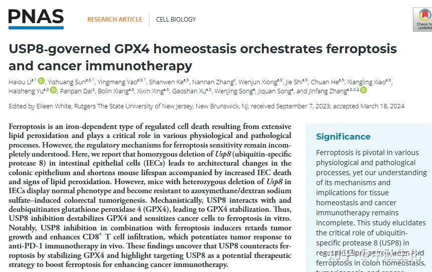 PNAS | 武汉大学张金方团队发现USP8调控的GPX4稳态能够协调铁死亡和癌症免疫治疗 - 知乎