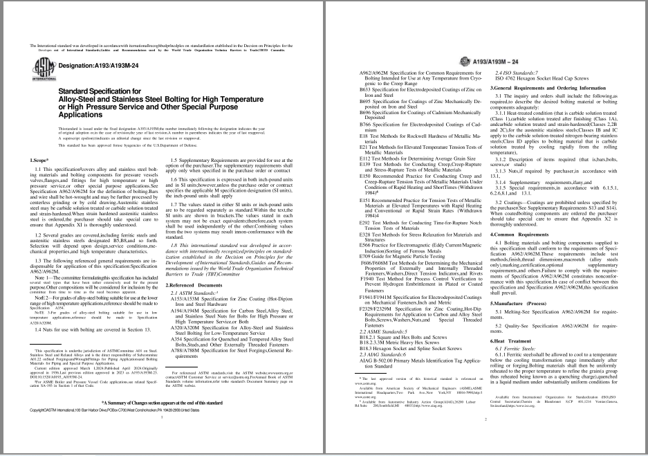 ASTM A193/A193M-24a【中文版翻译+PDF原文】 高温或高压设备及其他特殊用途设备用合金钢和不锈钢螺栓的标准规范 - 知乎