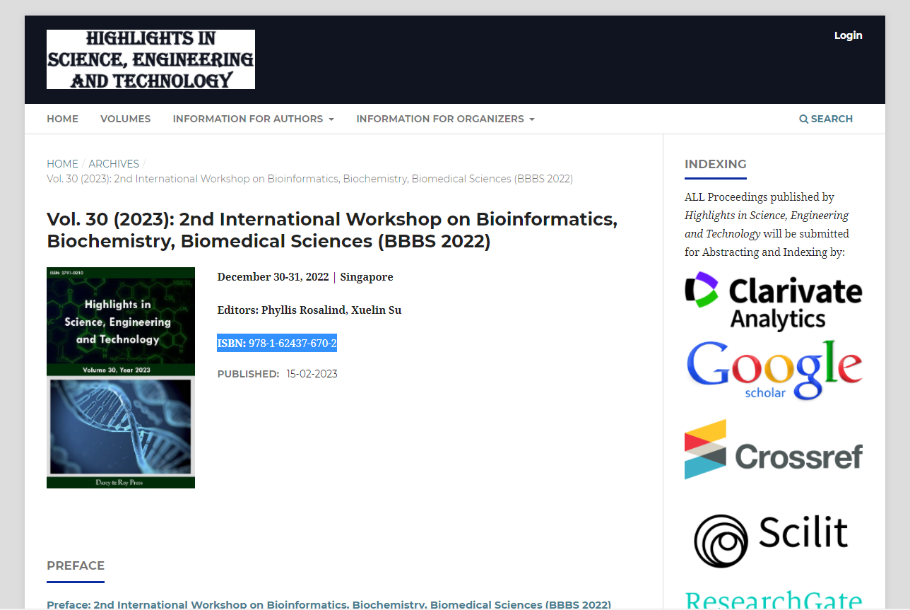 Vol. 30 2023 2nd International Workshop on Bioinformatics, Biochemistry ...