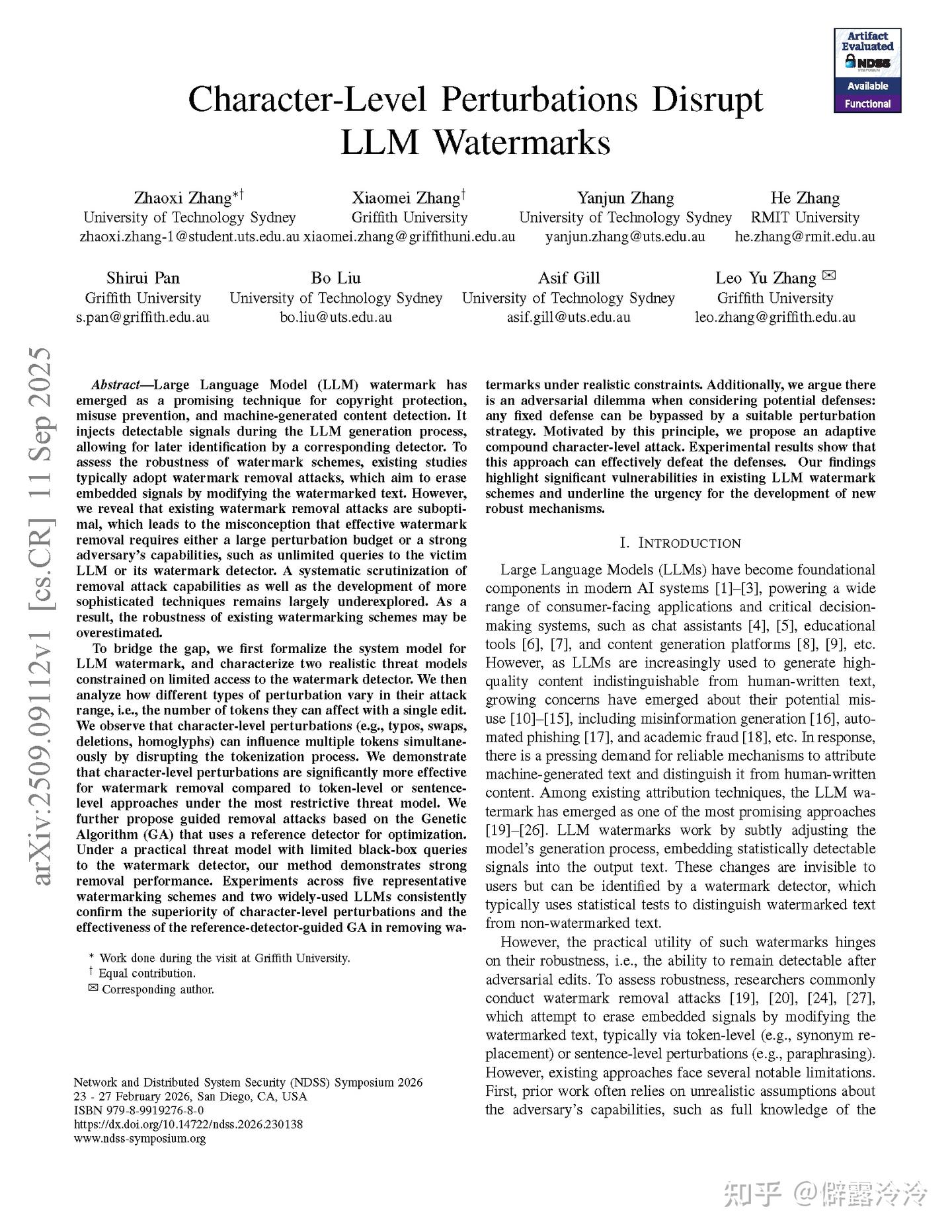 NDSS 2026 Character-Level Perturbations Disrupt LLM Watermarks - 知乎