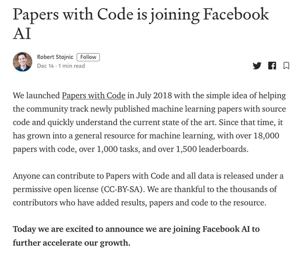 创立仅一年多，ML资源网站Papers with Code宣布加入Facebook AI - 知乎