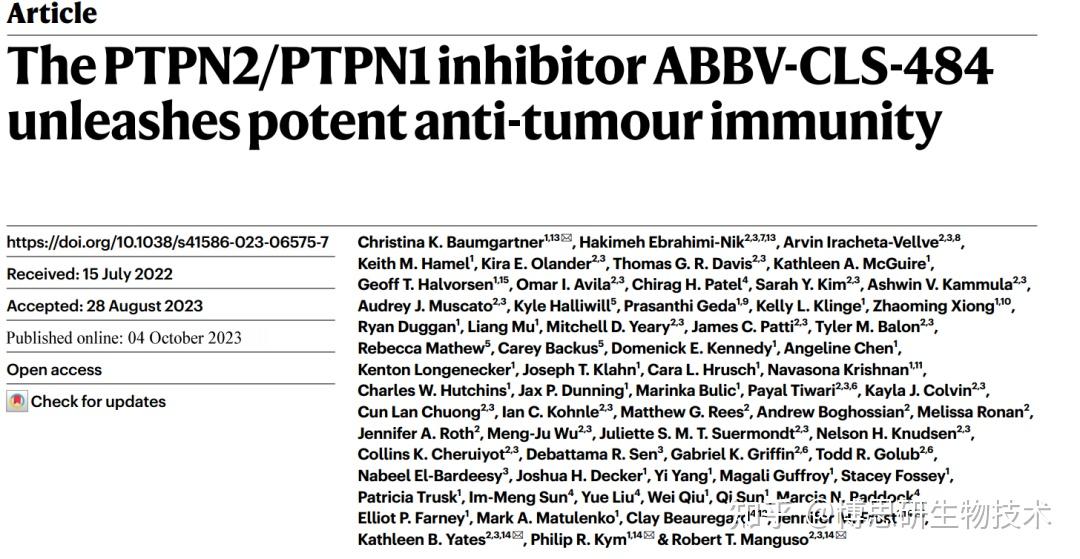 Nature｜挑战磷酸酶靶点不可成药：PTPN2/PTPN1双重磷酸酶抑制剂ABBV-CLS-484具备强大的抗肿瘤能力 - 知乎
