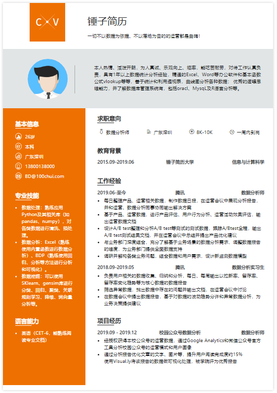互联网数据分析师简历模板在线简历案例 锤子简历 知乎