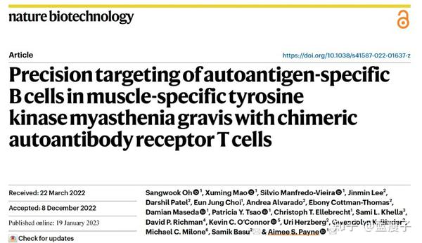 Nature Biotechnology丨用嵌合自身抗体受体T细胞精准靶向肌肉特异性酪氨酸激酶重症肌无力中的自身抗原特异性B细胞 - 知乎