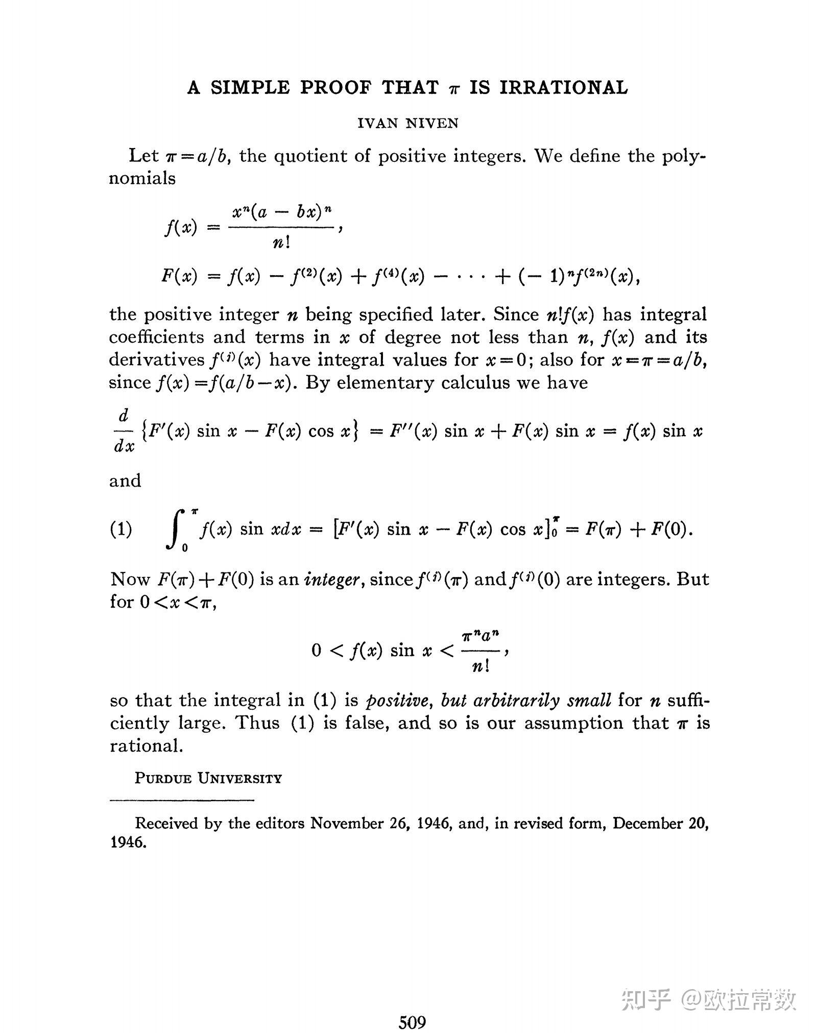 数学家IVAN NIVEN给出的 圆周率π是无理数的证明—A SIMPLE PROOF THAT TT IS IRRATIONAL - 知乎