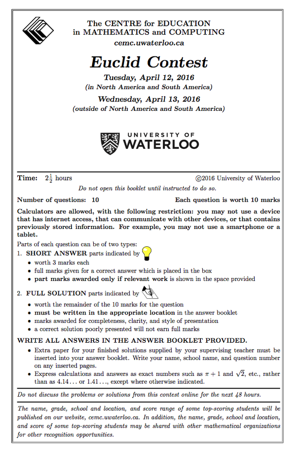 2016Euclid Contest欧几里得数学竞赛 真题分享 - 知乎