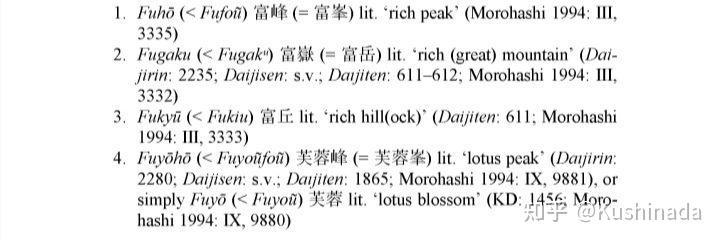 “富士”一词的各种别称，出现次数，声调历史，欧洲诸语言中“富士”一词的译名，阿依努神“Kamui Fuchi”的各种别称，“富士”的其它少见的 ...