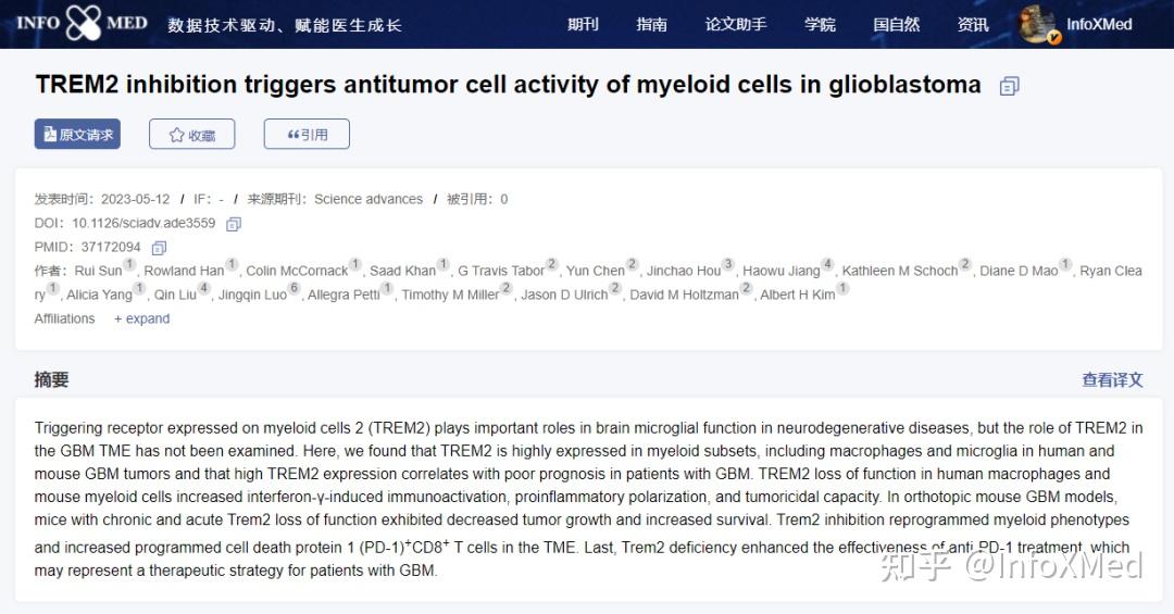 Sci Adv | 揭示抑制TREM2激活髓系细胞治疗胶质母细胞瘤 - 知乎