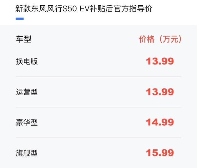新款东风风行S50 EV上市 增换电版车型/补贴后售13.99万元起 - 知乎