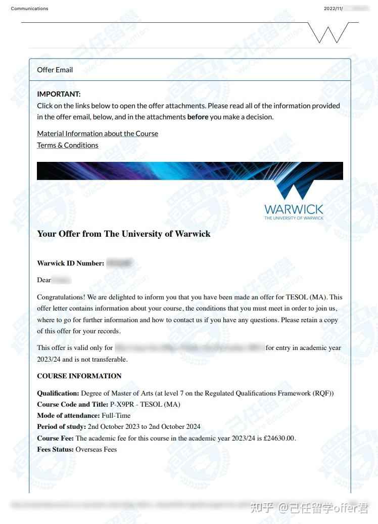 己任留学23Fall英国offer | 华威大学 Teaching English to Speakers of Other ...