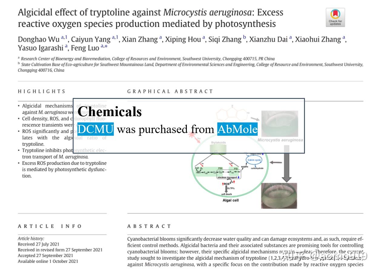 AbMole科研-胰蛋白对铜绿微囊藻的杀藻作用:光合作用介导的过量活性氧产生 - 知乎