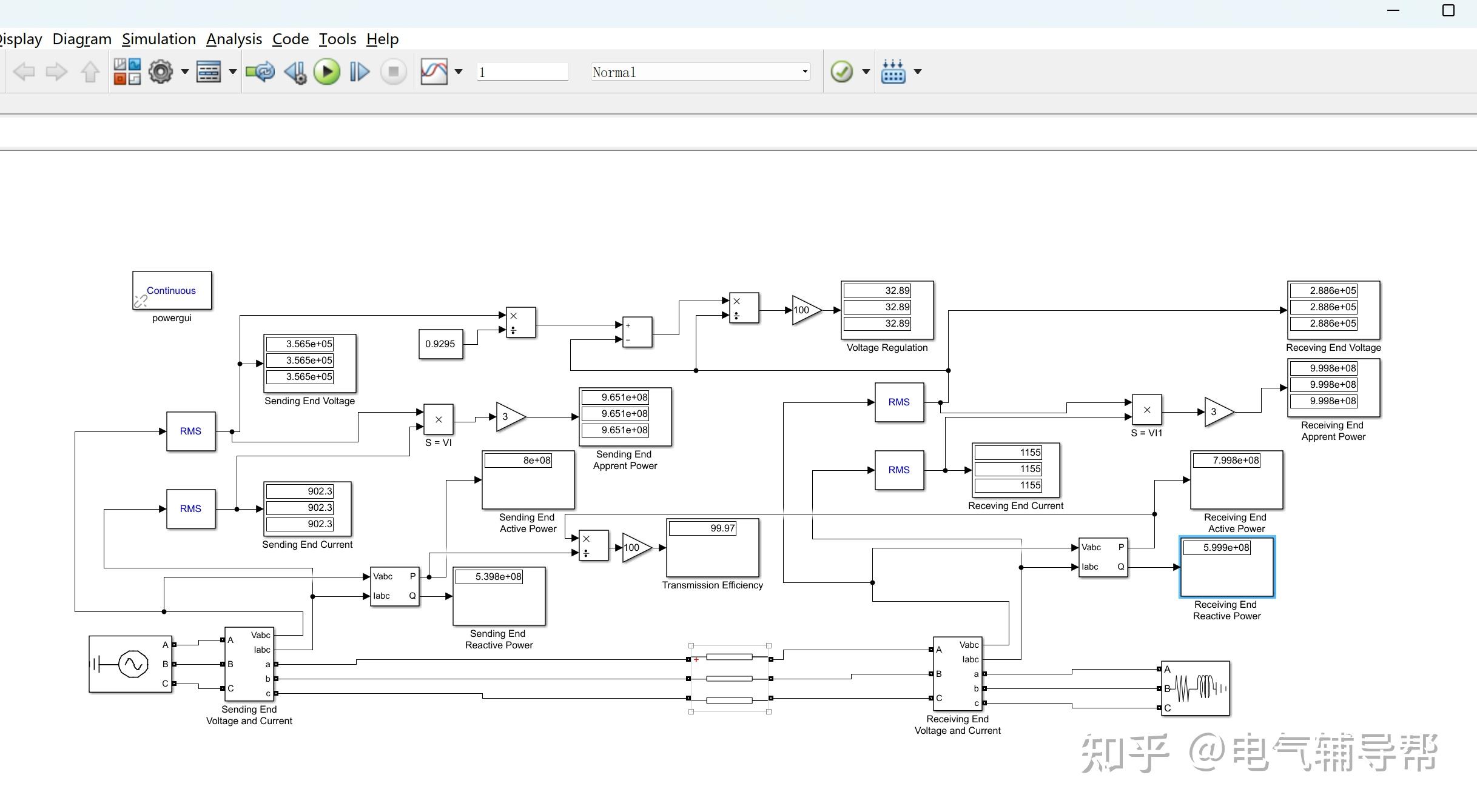 MATLAB|利用Simulink模拟电力系统中的长传输线模型，模型可以测量发送端和接收端站的电压、电流、有功功率、无功功率、视在功率、测量传输线的电压调节百分比和效率 - 知乎
